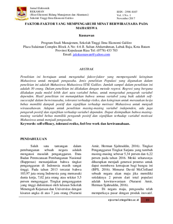 (PDF) FAKTOR-FAKTOR YANG MEMPENGARUHI MINAT BERWIRAUSAHA PADA MAHASISWA