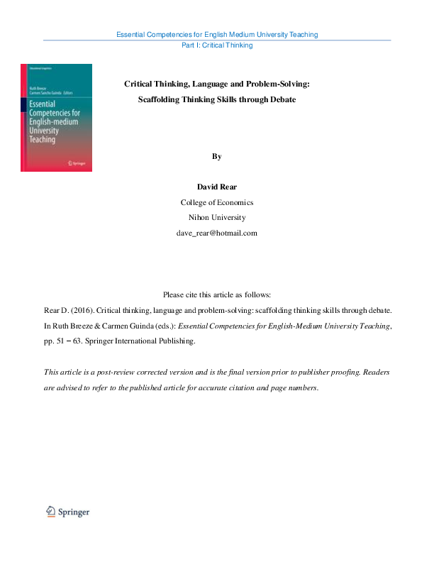(PDF) Critical thinking, language and problem-solving: Scaffolding thinking skills through debate