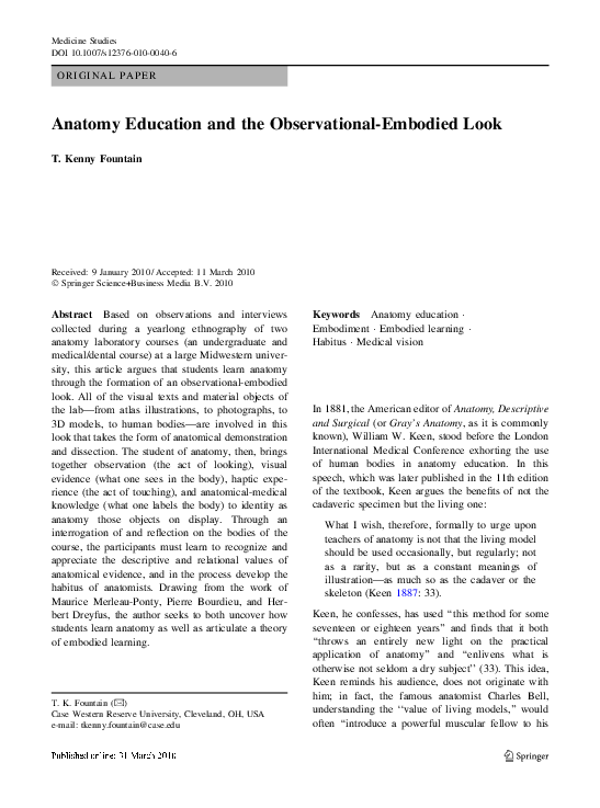(PDF) Anatomy Education and the Observational-Embodied Look