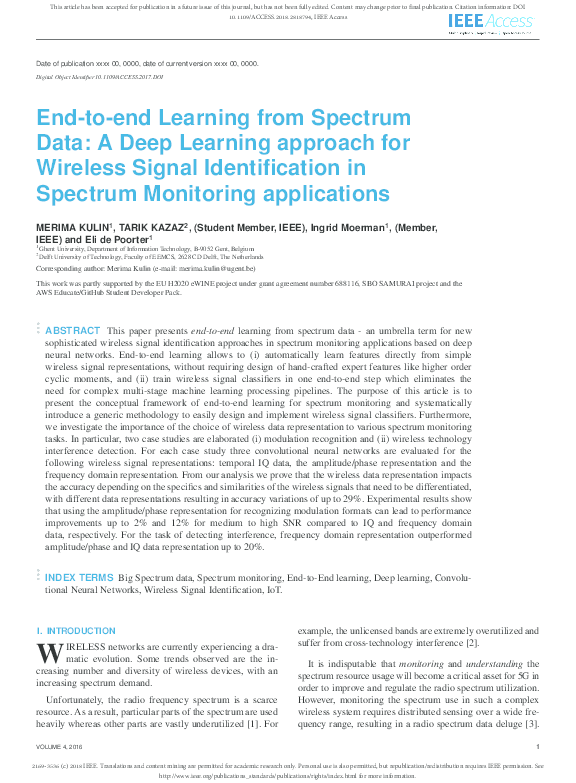 Pdf End To End Learning From Spectrum Data A Deep Learning Approach For Wireless Signal
