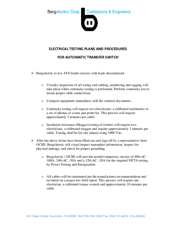 (PDF) ELECTRICAL TESTING PLANS AND PROCEDURES FOR AUTOMATIC TRANSFER SWITCH