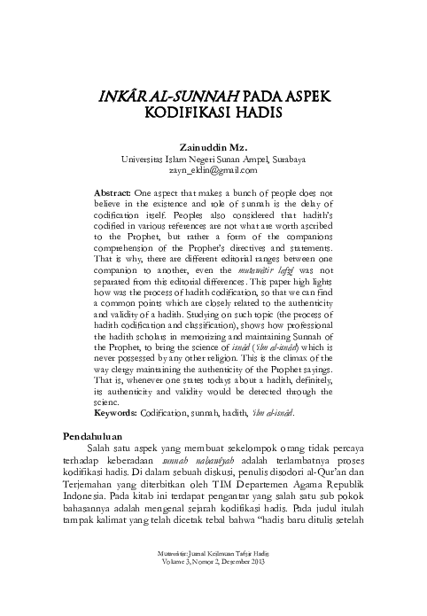 (PDF) INKÂR AL-SUNNAH PADA ASPEK KODIFIKASI HADIS