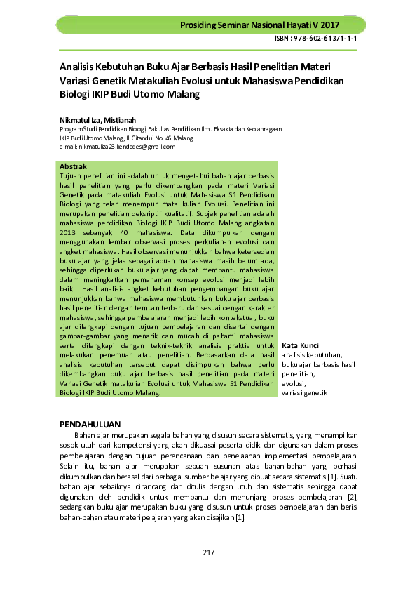 (PDF) Analisis Kebutuhan Buku Ajar Berbasis Hasil Penelitian Materi Variasi Genetik Matakuliah ...