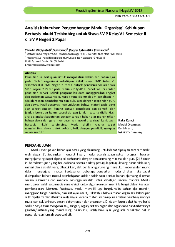 (PDF) Analisis Kebutuhan Pengembangan Modul Organisasi Kehidupan Berbasis Inkuiri Terbimbing ...