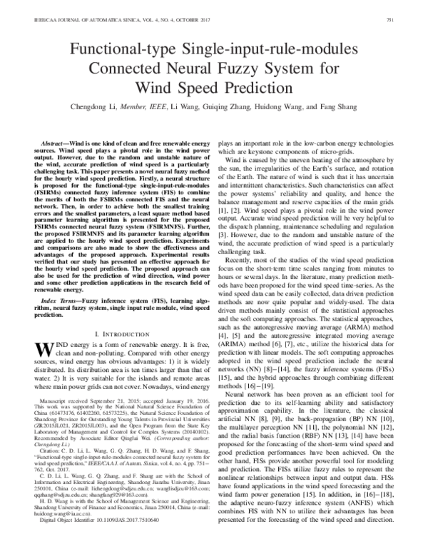 Pdf Functional Type Single Input Rule Modules Connected Neural Fuzzy System For Wind Speed