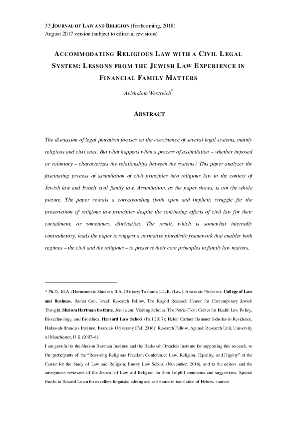 (PDF) Accommodating Religious Law with a Civil Legal System: Lessons ...