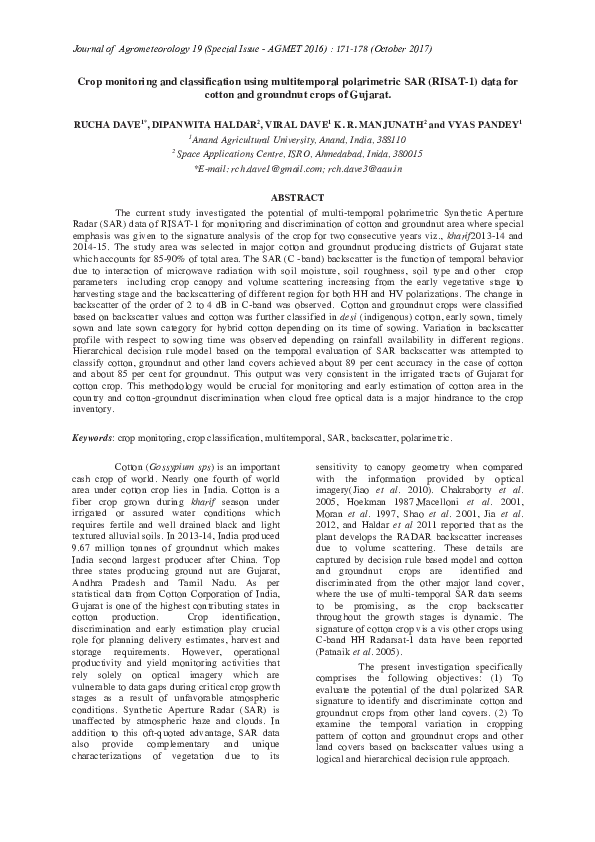 Pdf Crop Monitoring And Classification Using Multitemporal Polarimetric Sar Risat 1 Data For