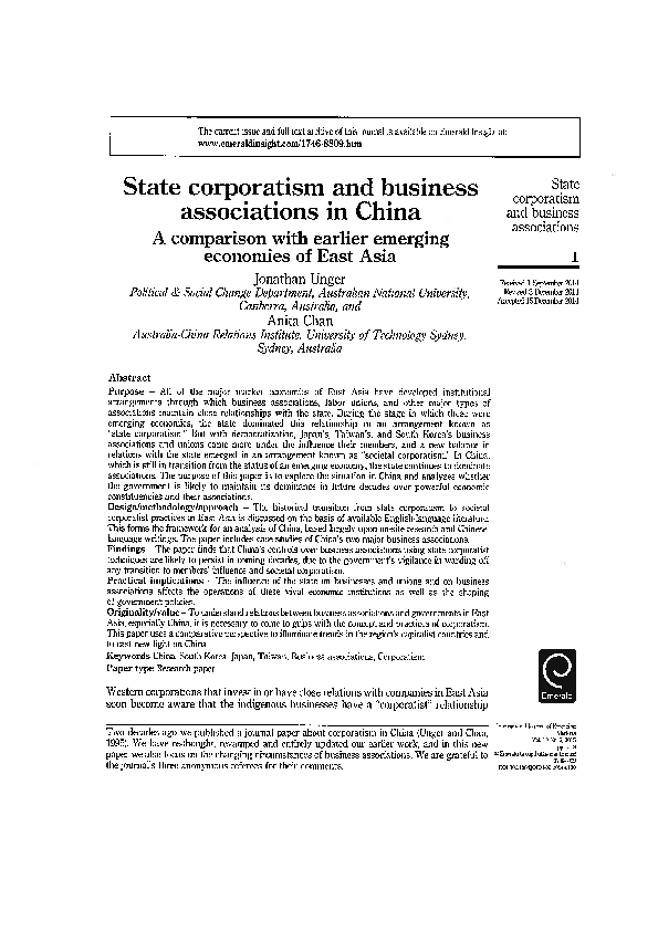 (PDF) Jonathan Unger and Anita Chan, “State Corporatism and Business ...
