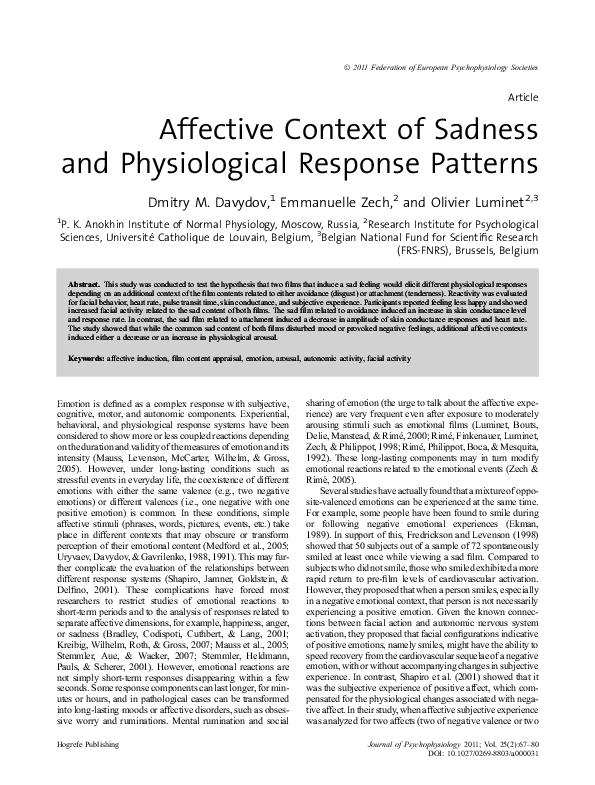 (PDF) Affective Context of Sadness and Physiological Response Patterns