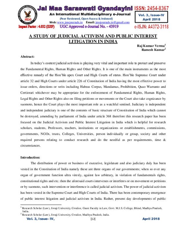 (PDF) A STUDY OF JUDICIAL ACTIVISM AND PUBLIC INTEREST LITIGATION IN INDIA