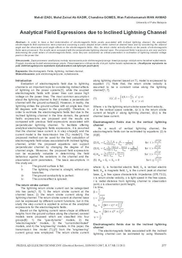 (PDF) Analytical Field Expressions due to Inclined Lightning Channel