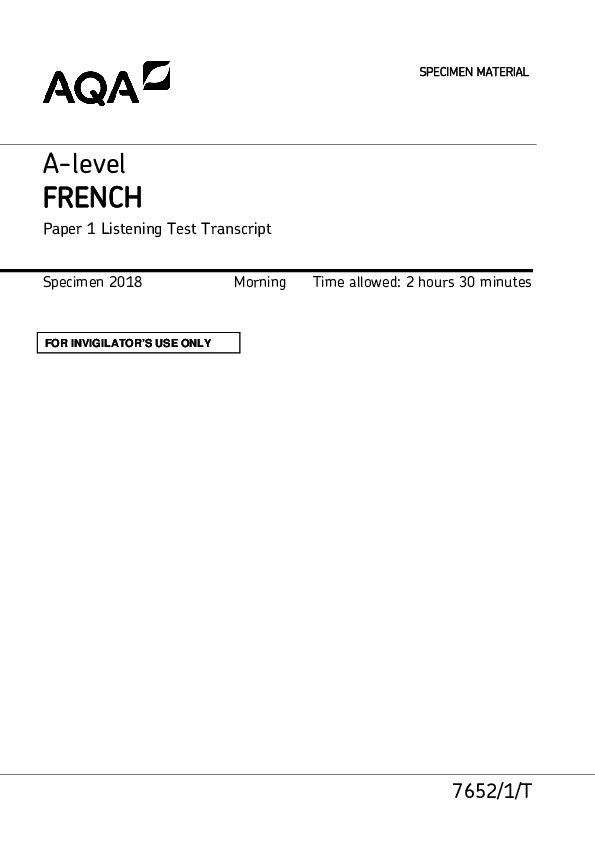 (PDF) A-level FRENCH Paper 1 Listening Test Transcript Specimen 2018 ...