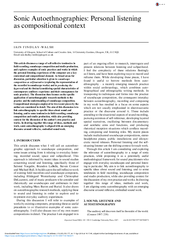 (PDF) Sonic Autoethnographies: Personal listening as compositional context