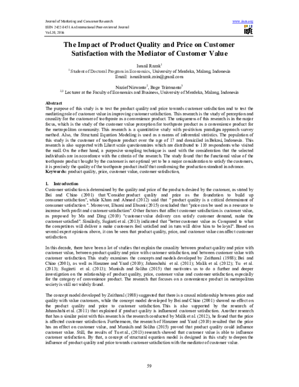 (PDF) The Impact of Product Quality and Price on Customer Satisfaction ...