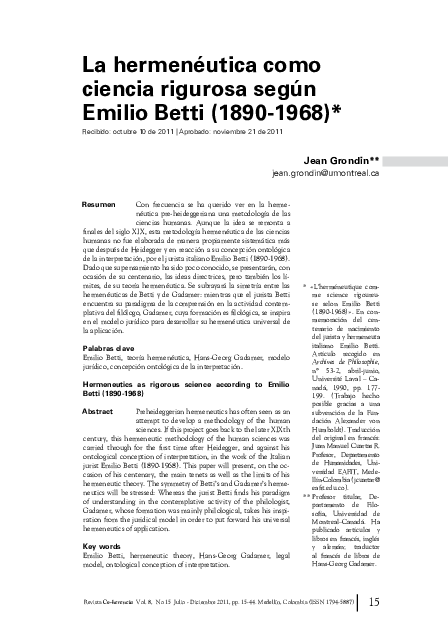 (PDF) La hermenéutica como ciencia rigurosa según Emilio Betti (1890-1968