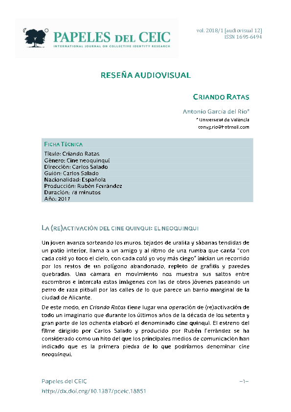 (PDF) Reseña Audiovisual. Criando ratas. Un film de Carlos Salado (2017).