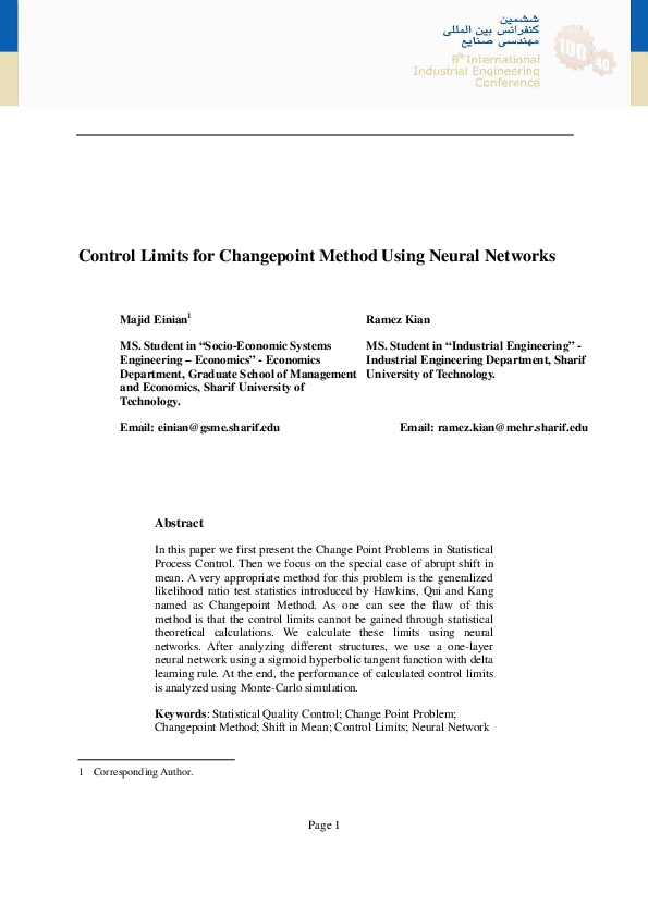 (PDF) Control Limits for Changepoint Method Using Neural Networks | Ramez Kian and Majid Einian ...