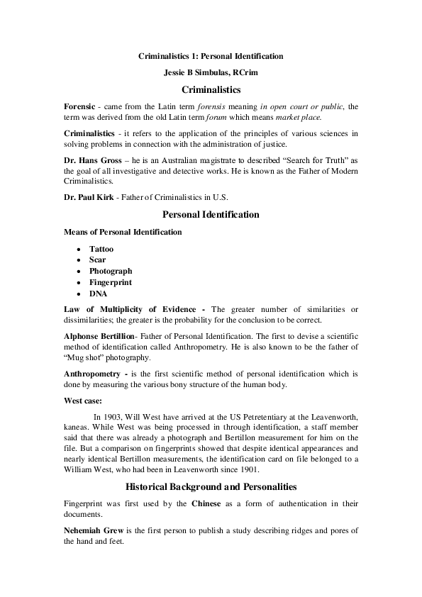 (DOC) Criminalistics 1: Personal Identification Criminalistics Personal