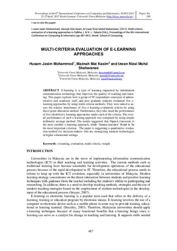 Pdf Multi Criteria Evaluation Of E Learning Approaches