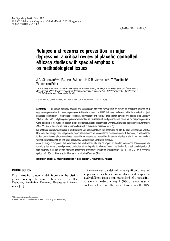 (PDF) Relapse and recurrence prevention in major depression: a critical ...