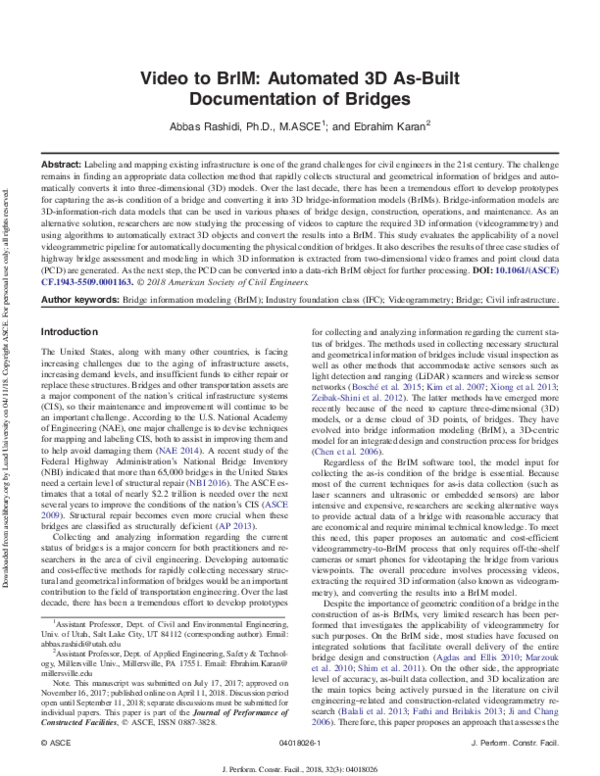 (PDF) Video to BrIM: Automated 3D As-Built Documentation of Bridges | Ebrahim Karan - Academia.edu