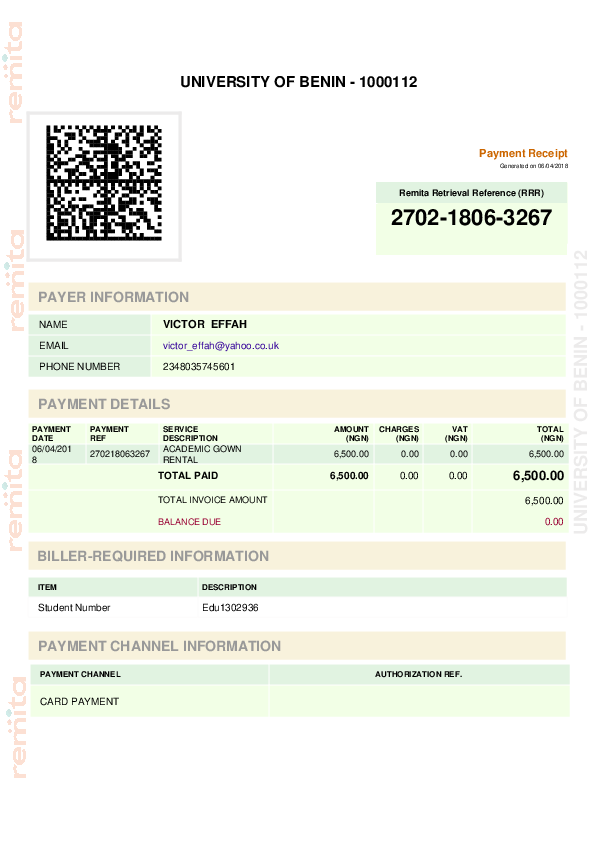 (PDF) Invoice for Academic Gown Rental Details