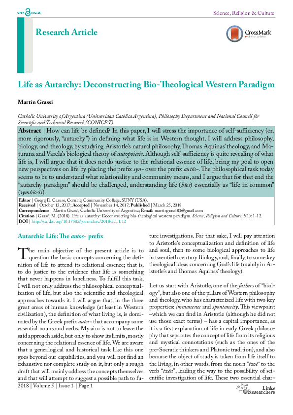 (PDF) Life as autarchy: Deconstructing Bio-Theological Western Paradigm