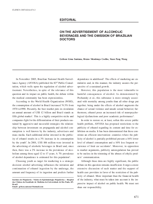 (PDF) EDITORIAL ON THE ADVERTISEMENT OF ALCOHOLIC BEVERAGES AND THE ...