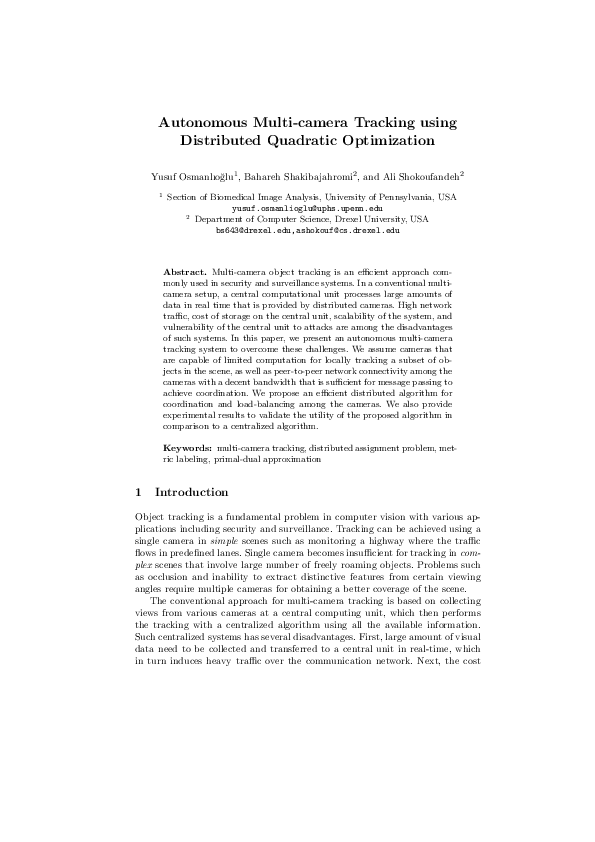 Pdf Autonomous Multi Camera Tracking Using Distributed Quadratic