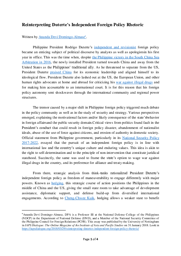 (PDF) Reinterpreting Duterte's Independent Foreign Policy Rhetoric