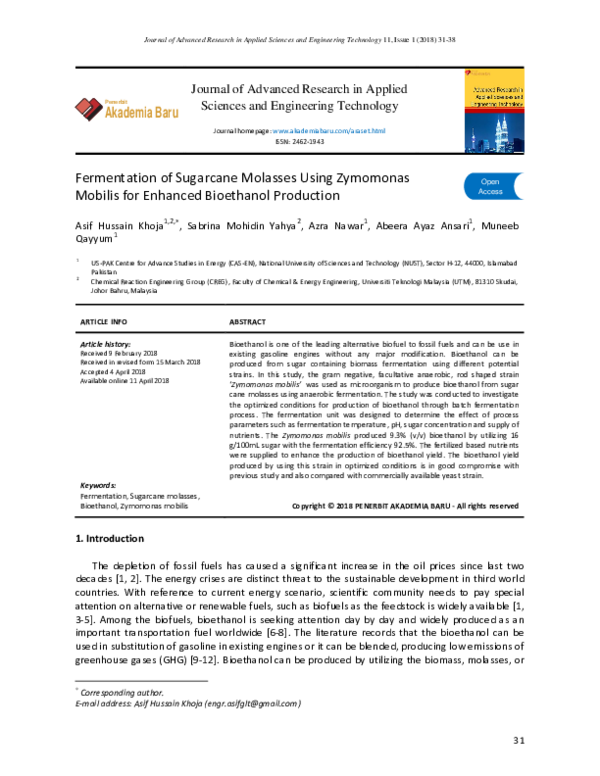 (PDF) Fermentation of Sugarcane Molasses Using Zymomonas Mobilis for ...