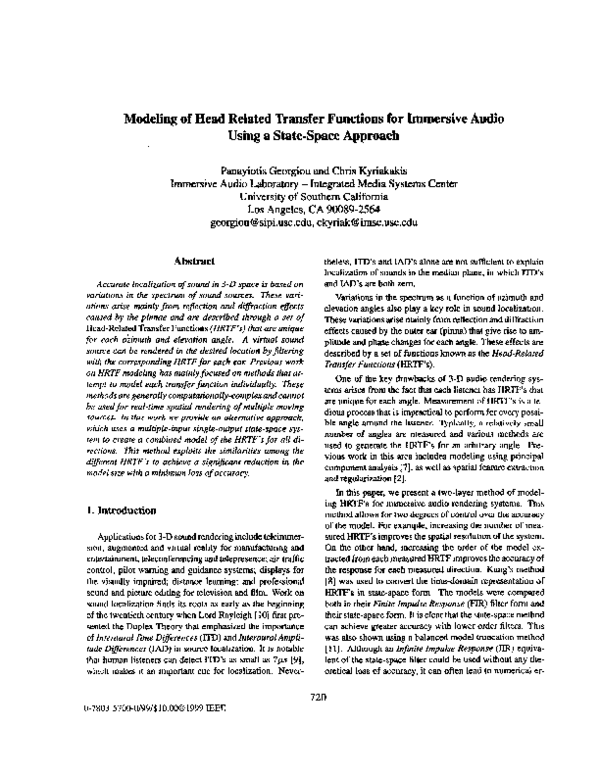 Pdf Modeling Of Head Related Transfer Functions For Immersive Audio Using A State Space Approach