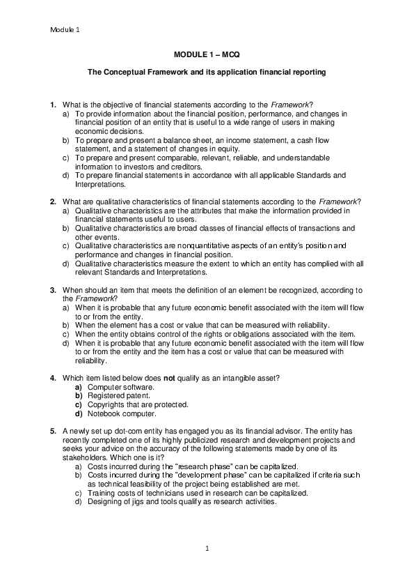 (DOC) Module 1 – MCQ The Conceptual Framework and its application ...