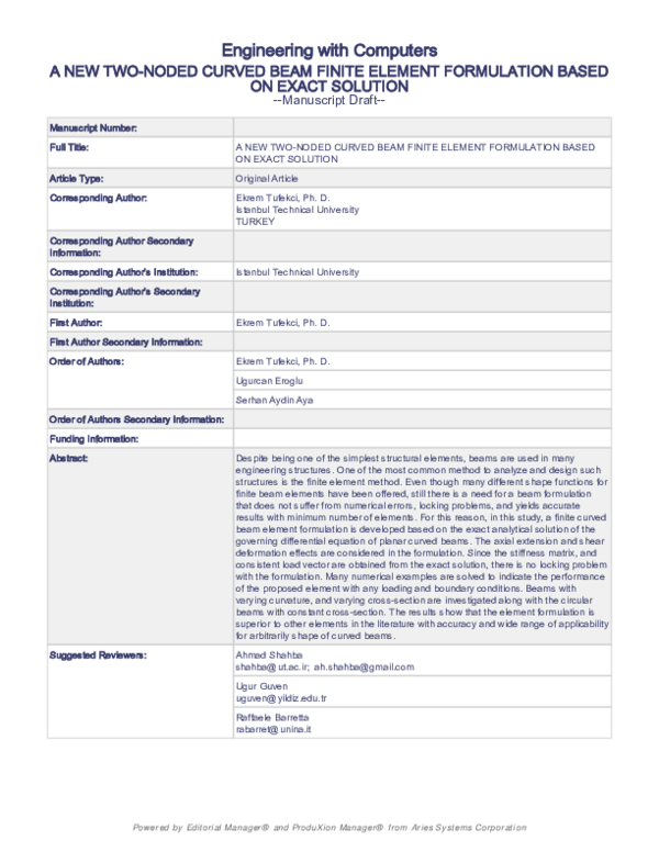 Pdf Engineering With Computers A New Two Noded Curved Beam Finite Element Formulation Based On