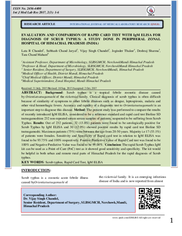 (PDF) EVALUATION AND COMPARISON OF RAPID CARD TEST WITH IgM ELISA FOR ...