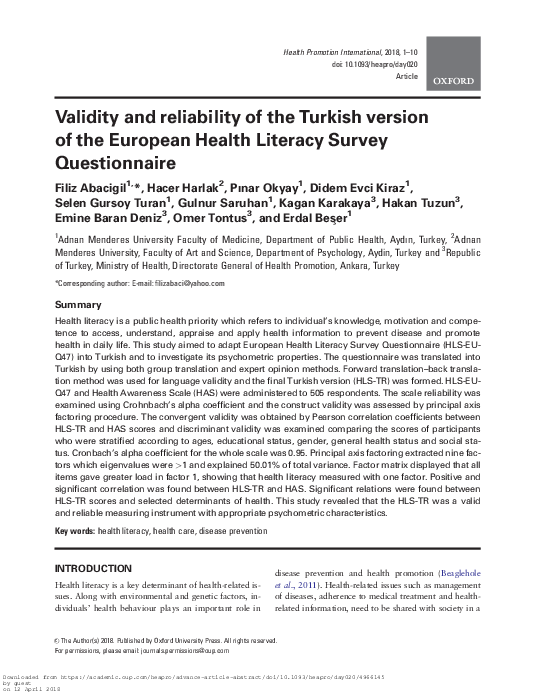 (PDF) Validity and reliability of the Turkish version of the European Health Literacy Survey ...