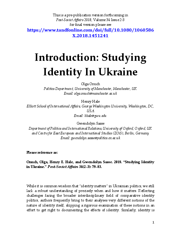 (PDF) Introduction: Studying Identity In Ukraine