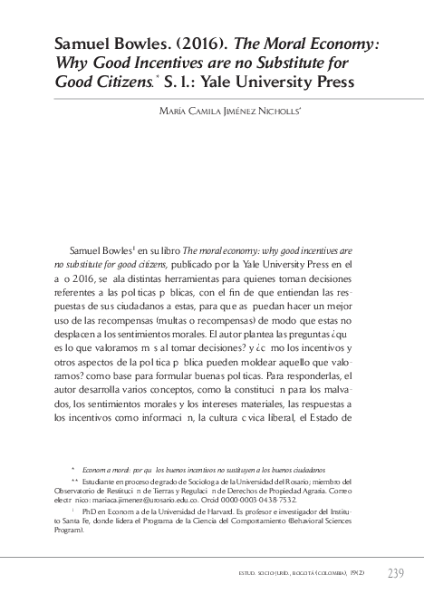 (PDF) Samuel Bowles. (2016). The Moral Economy: Why Good Incentives are ...