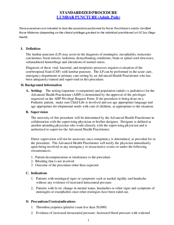 (PDF) STANDARDIZED PROCEDURE LUMBAR PUNCTURE (Adult, Peds