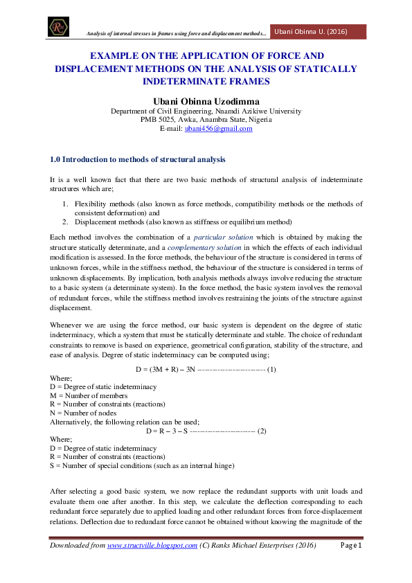 Pdf Analysis Of Internal Stresses In Frames Using Force And