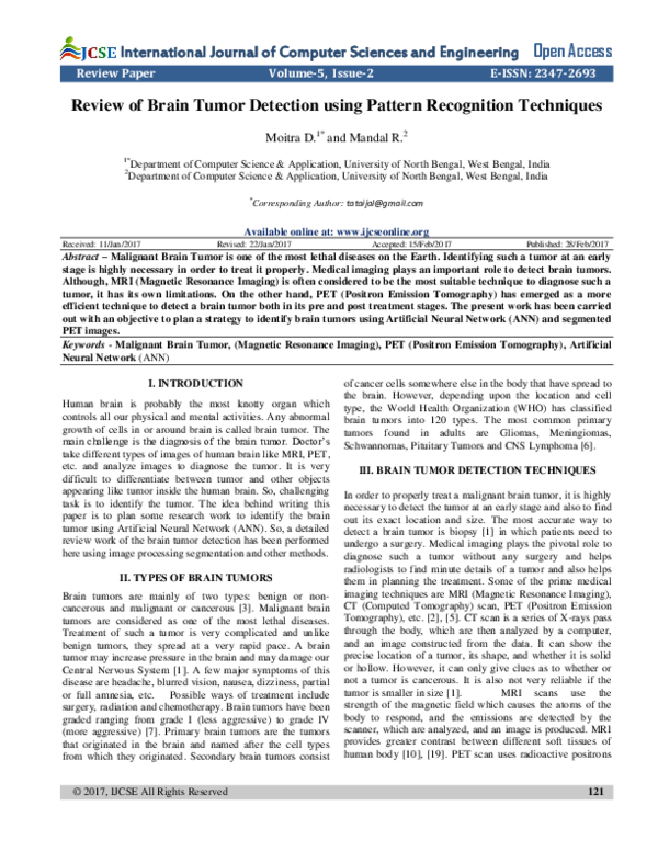 Pdf Review Of Brain Tumor Detection Using Pattern Recognition