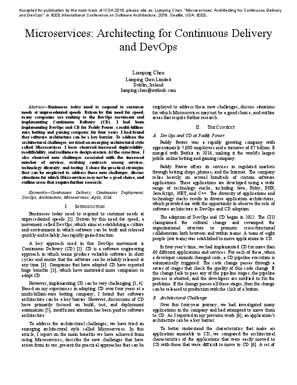 (PDF) Microservices: Architecting for Continuous Delivery and DevOps