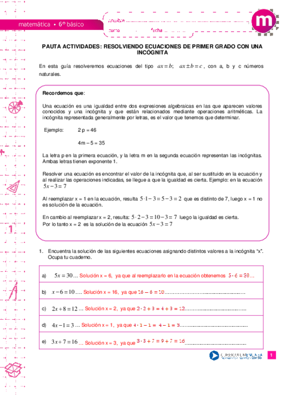 (PDF) PAUTA ACTIVIDADES: RESOLVIENDO ECUACIONES DE PRIMER GRADO CON UNA INCÓGNITA
