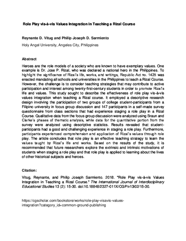 (PDF) Role Play vis-à-vis Values Integration in Teaching a Rizal Course