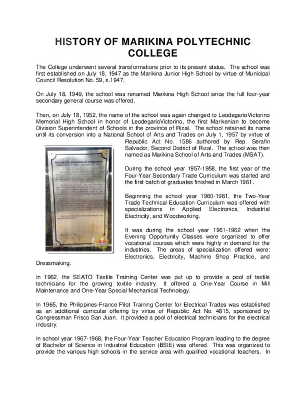 (DOC) HISTORY OF MARIKINA POLYTECHNIC COLLEGE