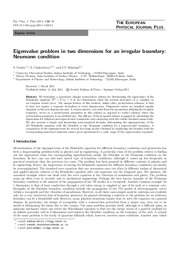 (PDF) Eigenvalue problem in two dimensions for an irregular boundary: Neumann condition
