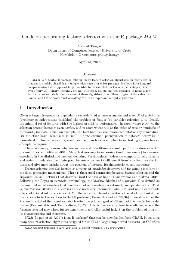 (PDF) Guide on performing feature selection with the R package MXM