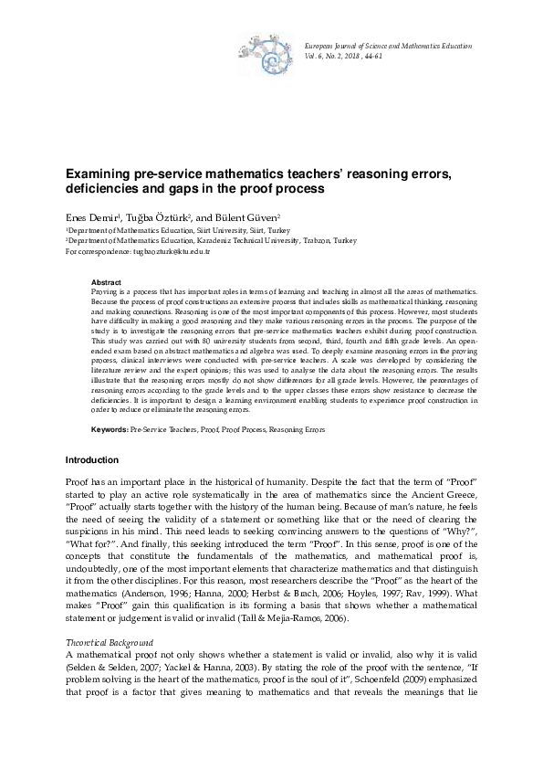 (PDF) Examining Pre-Service Mathematics Teachers’ Reasoning Errors, Deficiencies and Gaps in the ...
