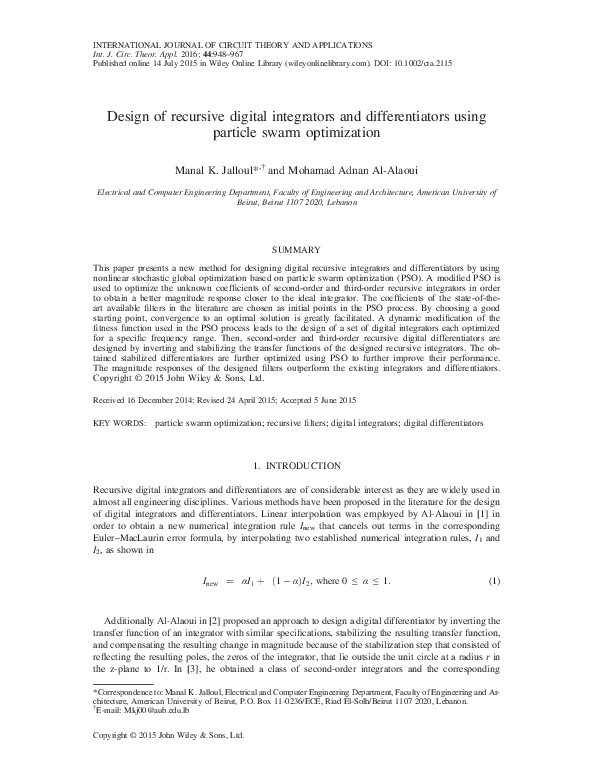 Pdf Design Of Recursive Digital Integrators And Differentiators Using Particle Swarm Optimization