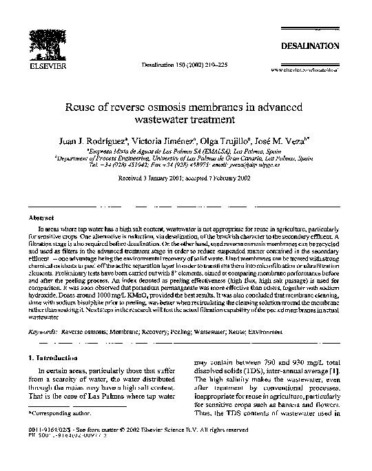 (PDF) Reuse of reverse osmosis membranes in advanced wastewater treatment